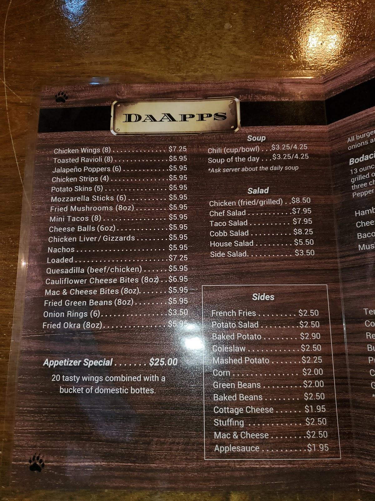Menu at DaBears restaurant, Wentzville