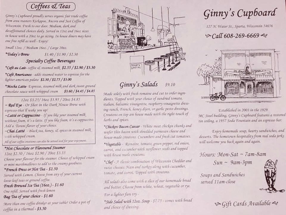 Menu at Ginny's Cupboard cafe, Sparta