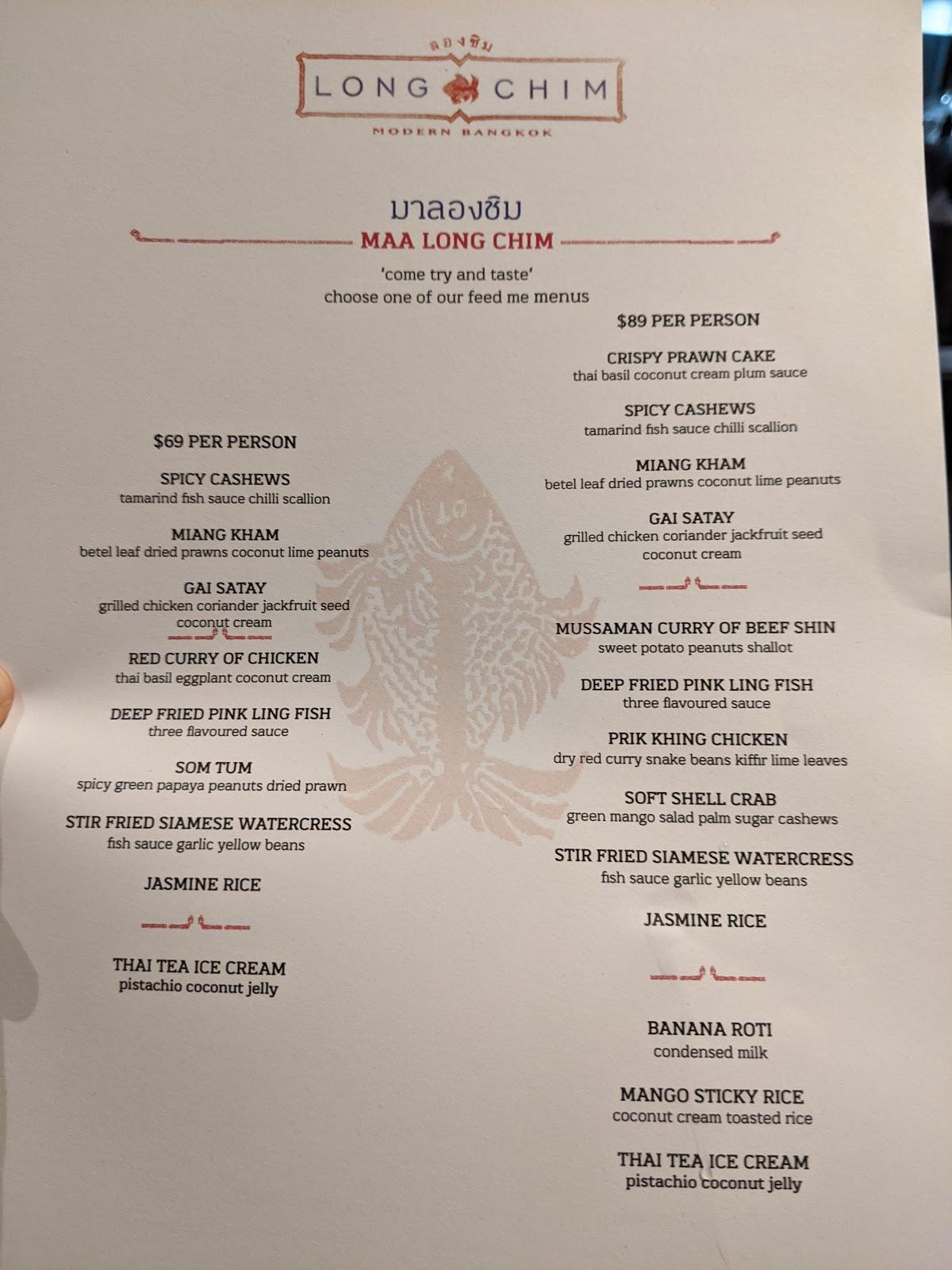 Menu at Long Chim Sydney restaurant, Sydney