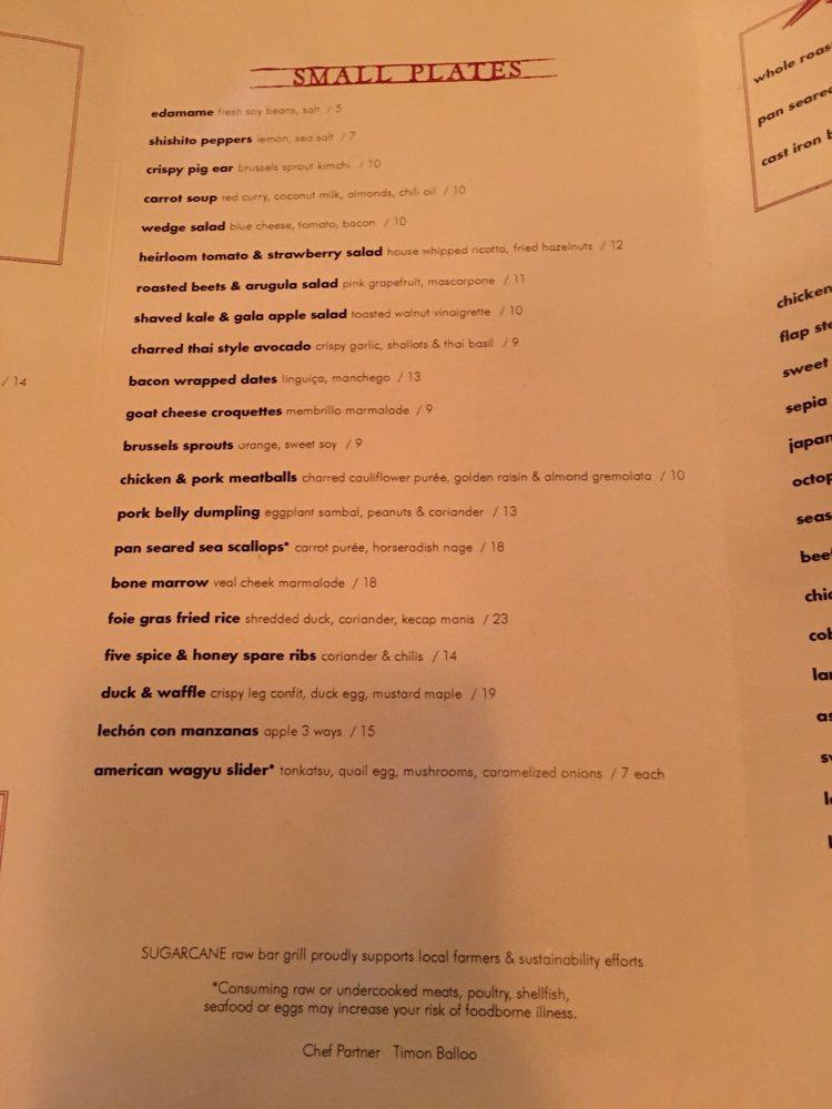 Menu at Sugarcane restaurant, Miami
