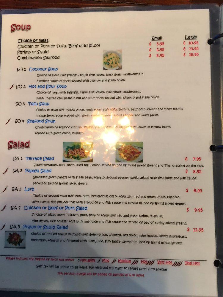 Menu at Thai Terrace restaurant, Sacramento