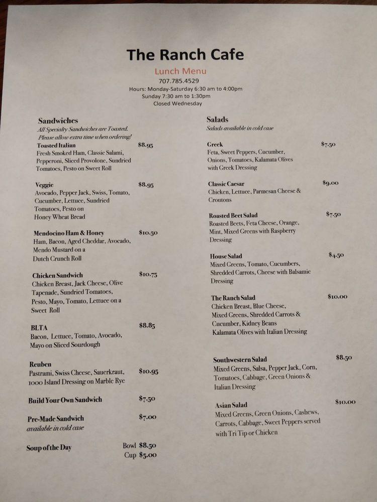 Menu at The Ranch Cafe, Sea Ranch