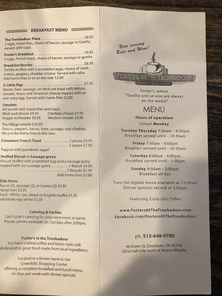 Menu at Foster's at the Troubadour cafe, Greenhills