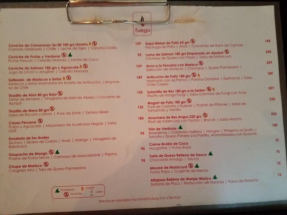 Menu at Fuego restaurant, Cancún