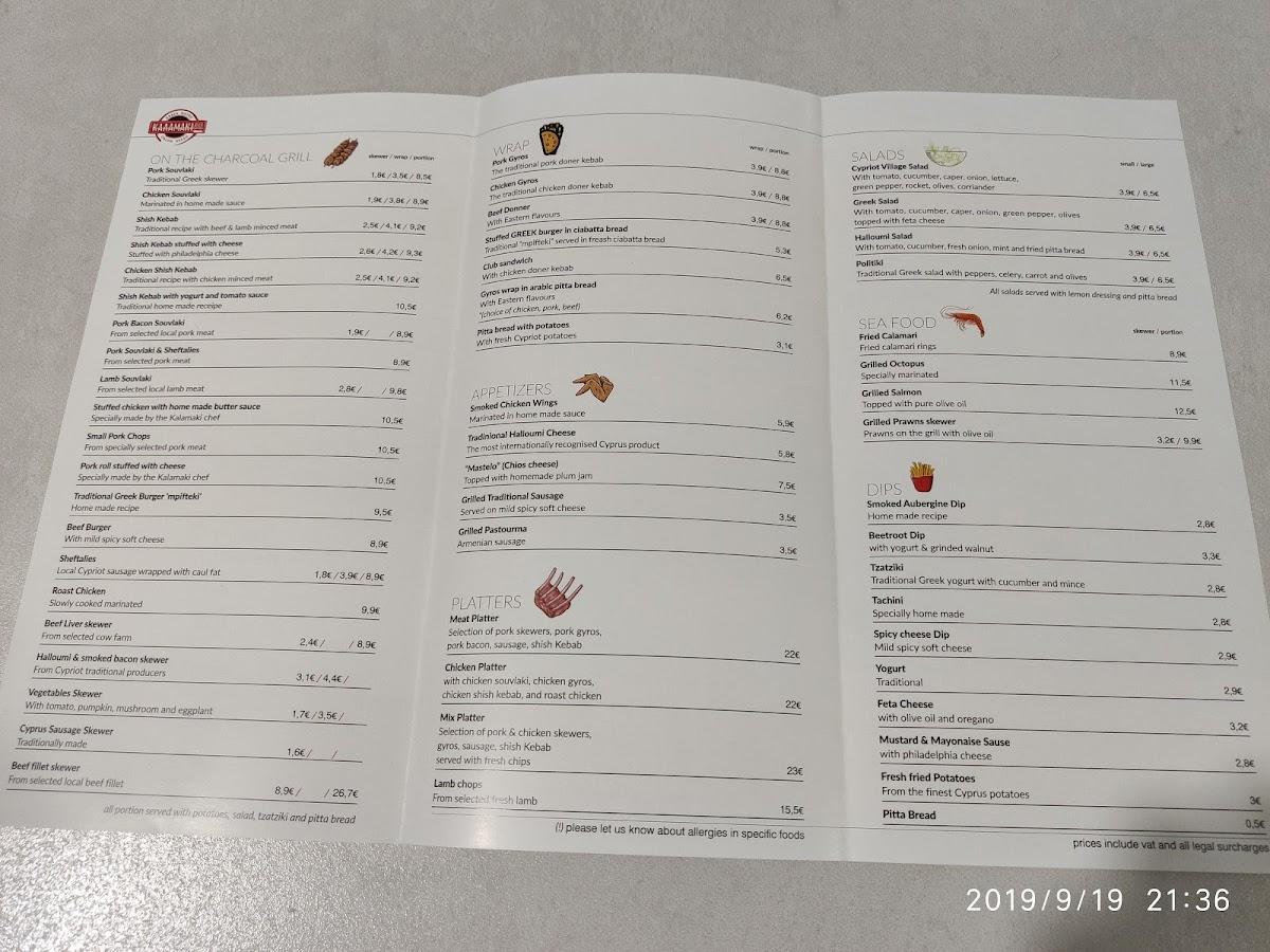 Menu at Kalamaki Bar, Larnaca, Athenon 52