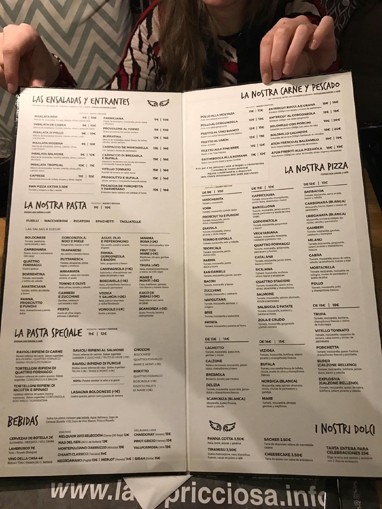 Menu at La Capricciosa pizzeria, Barcelona, C. de Viladomat, 261