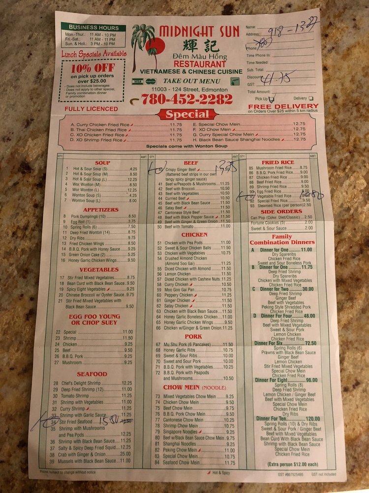Menu at Midnight Sun Restaurant, Edmonton, 124 St
