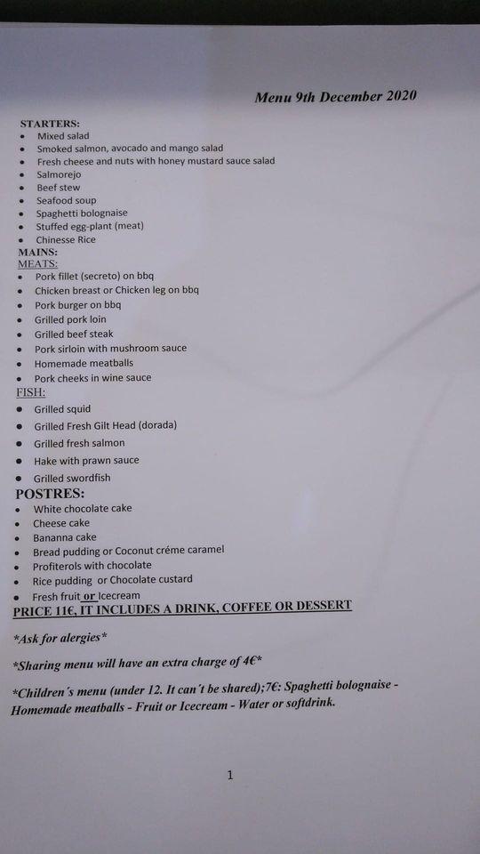 Carta de Restaurante Delfín Dorado, Mojácar, P.º del Mediterráneo