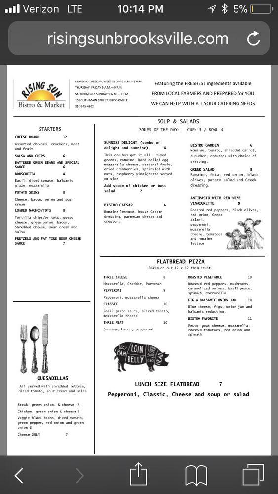Menu at Rising Sun Cafe, Brooksville