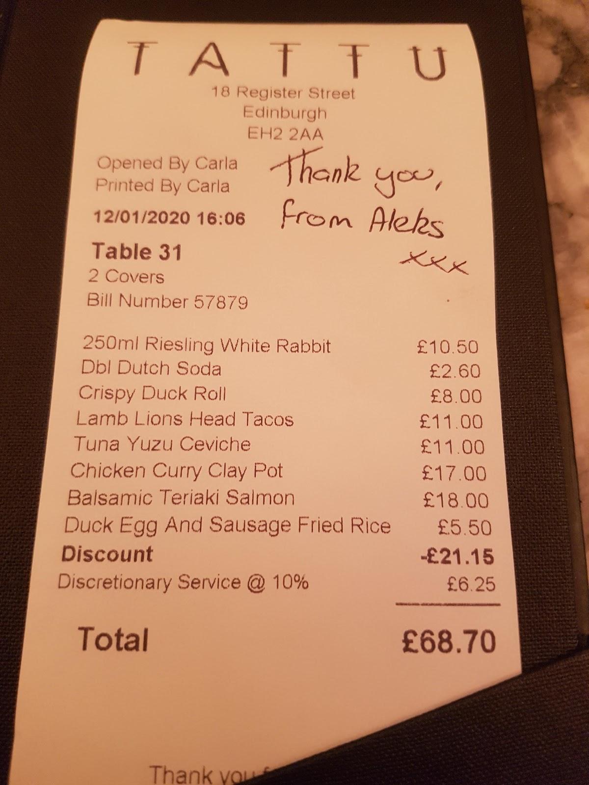 Menu at Tattu Edinburgh pub & bar, Edinburgh