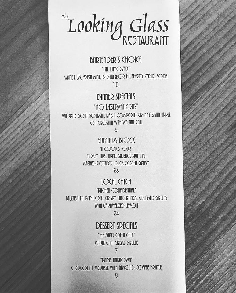 Menu at The Looking Glass Restaurant, Bar Harbor