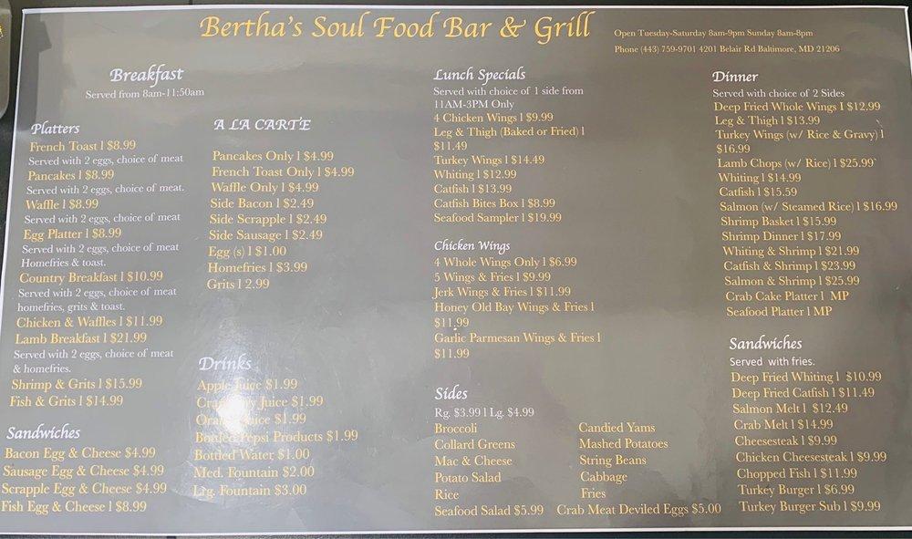 Menu at BERTHA'S SOUL FOOD BAR AND GRILL, Baltimore