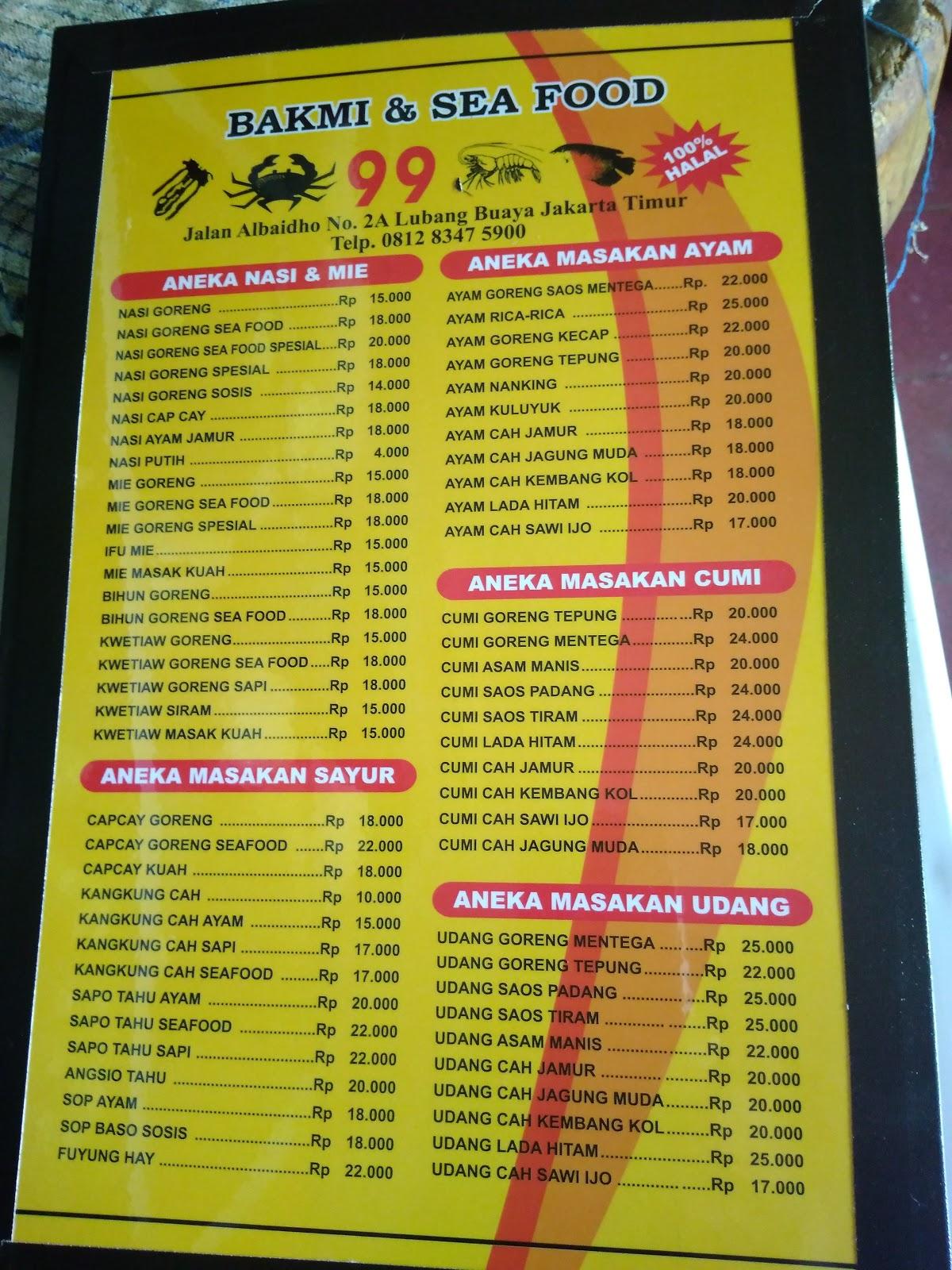Menu at Bakmi & Seafood 99 restaurant, East Jakarta, Jl. Al.Baidho I No.3F