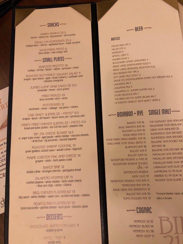 Menu at Bin 216 pub & bar, Cleveland