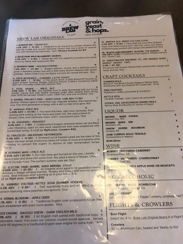 Menu at Brew Lab pub & bar, Overland Park