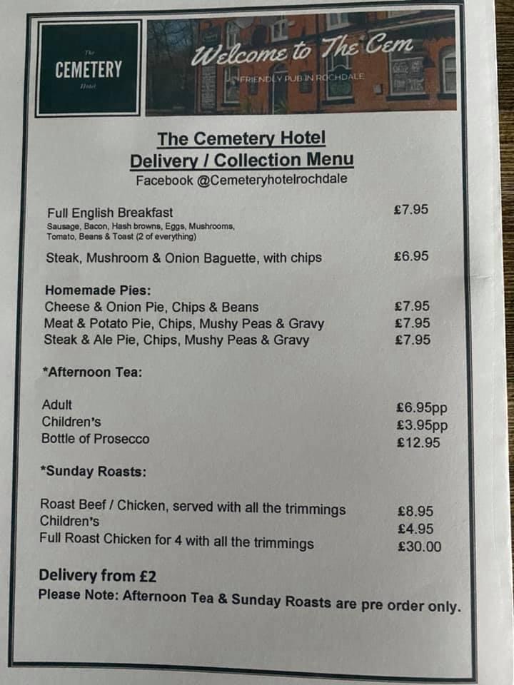 Menu at Cemetery Hotel pub & bar, Rochdale