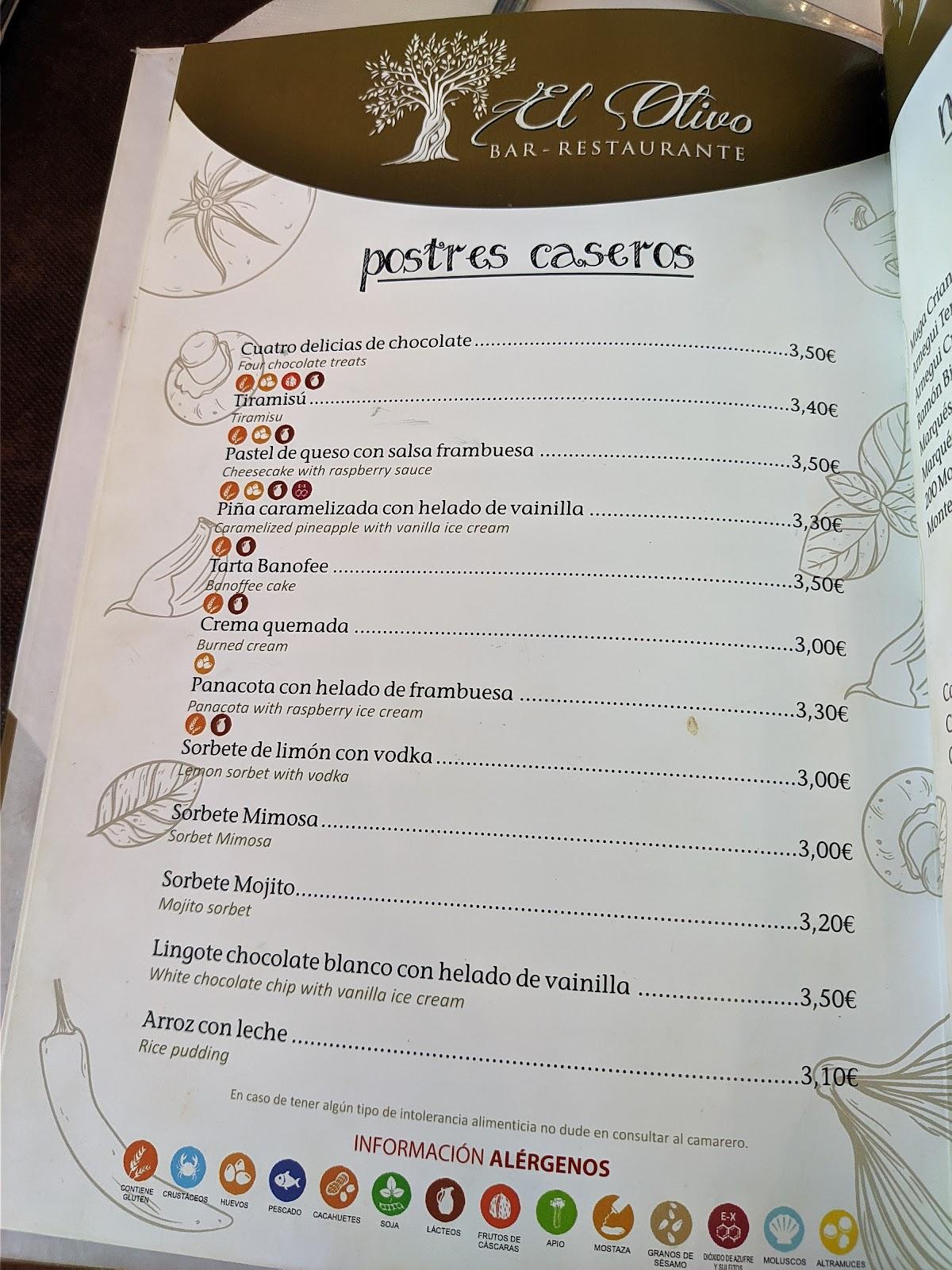 Carta del restaurante El Olivo, Olvera