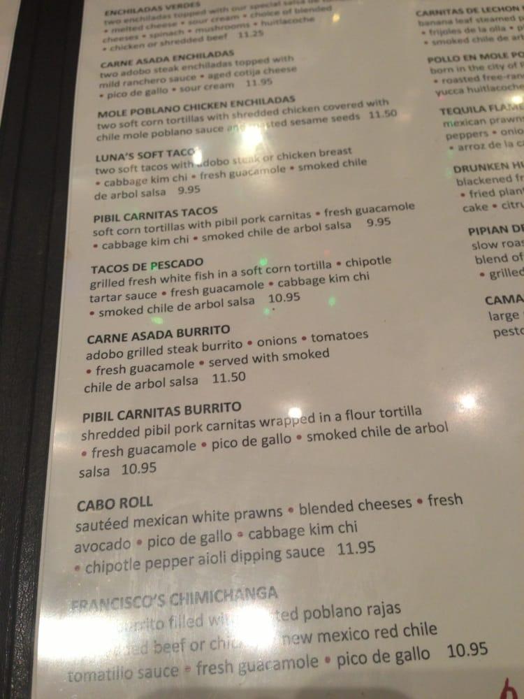 Menu at Luna Modern Mexican Kitchen restaurant, Corona, 980 Montecito ...