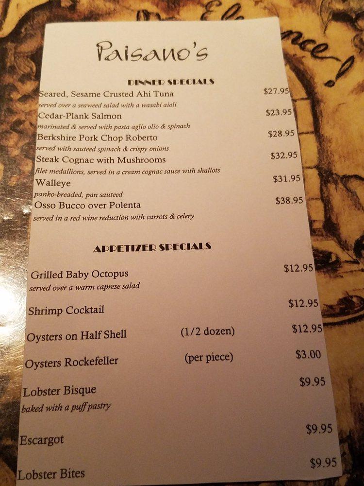 Menu at Paisano's On Broadway Italian Steakhouse, Richmond