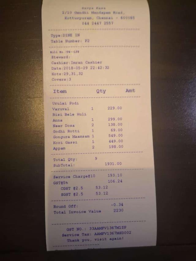 Menu at Savya Rasa, Chennai