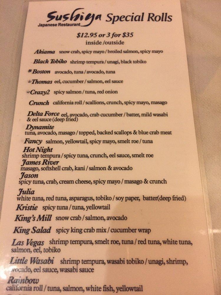 Menu at Sushiya restaurant, Williamsburg, John Tyler Hwy
