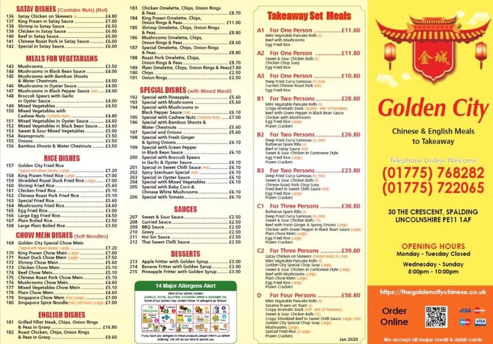 Menu at The Golden City restaurant, Spalding
