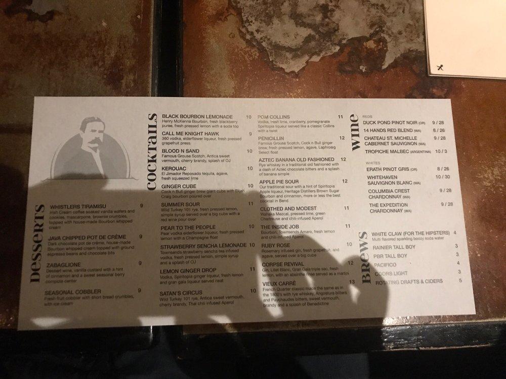 Menu at The Stihl Whiskey Bar, Bend