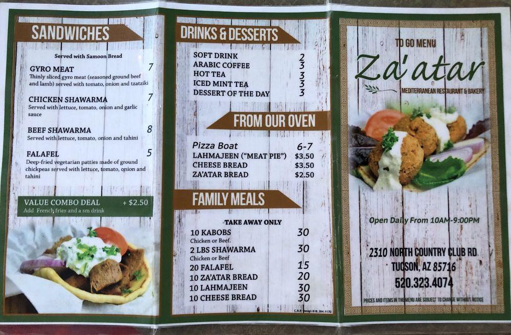Menu at Za'atar Mediterranean Restaurant, Tucson, N Country Club Rd