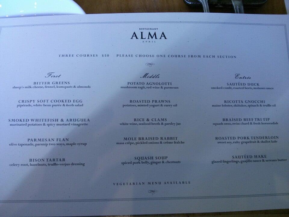 Menu at Alma cafe, Minneapolis, 528 University Ave SE