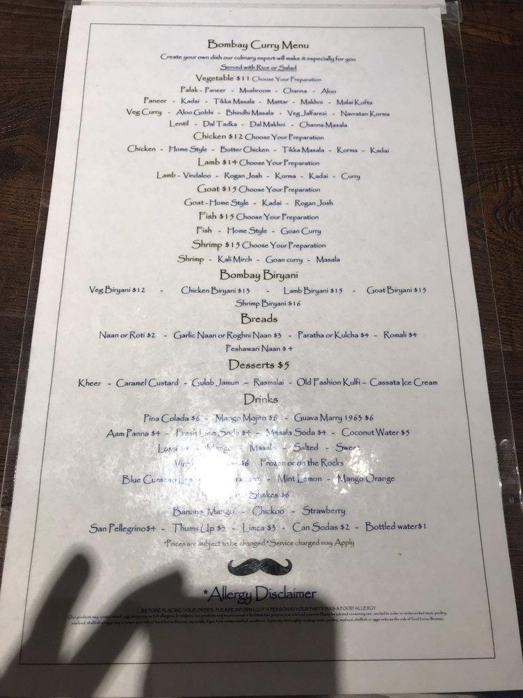 Menu at Bombay Blue restaurant, Edison