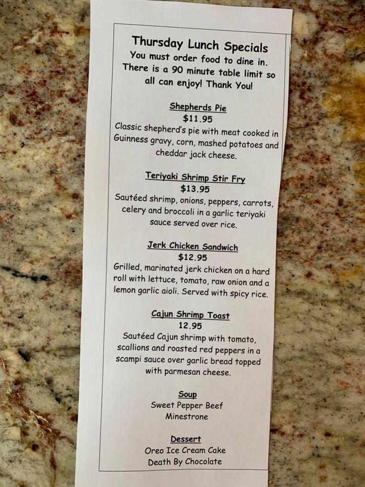 Menu at Casey's Cafe, Ellington