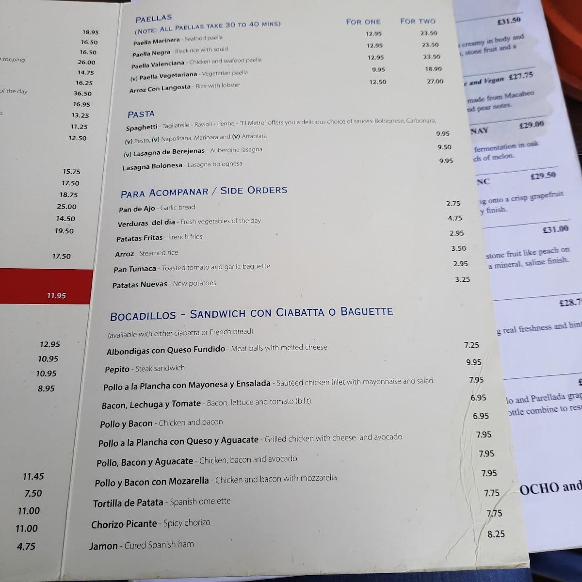 Menu at El Metro restaurant, London, 10-12 Effie Rd