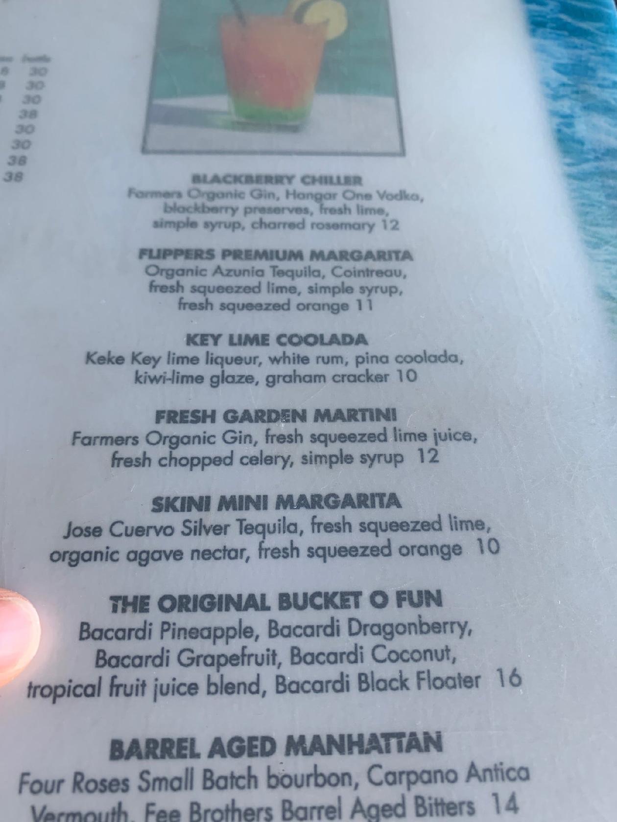 Menu at Flippers restaurant, Fort Myers Beach