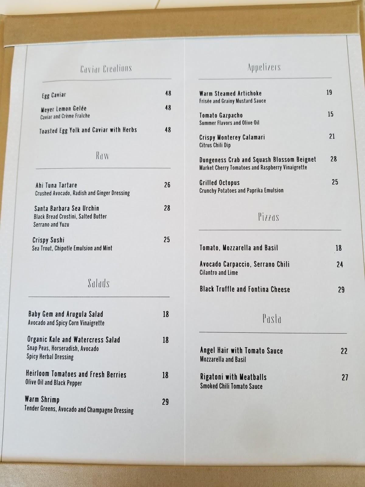 Menu at Jean-Georges Beverly Hills pub & bar, Beverly Hills