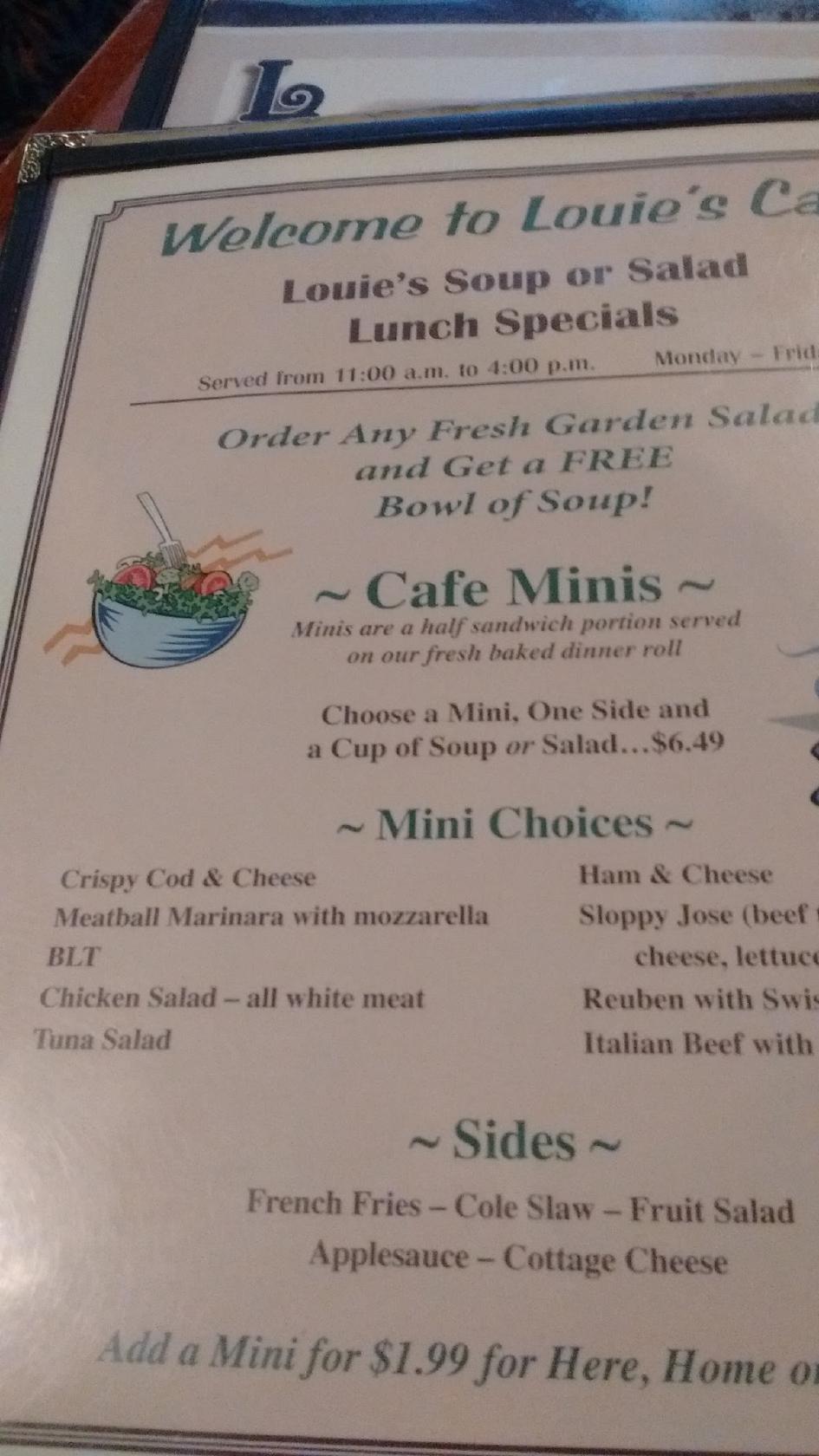 Menu at Louie's Cafe, La Porte