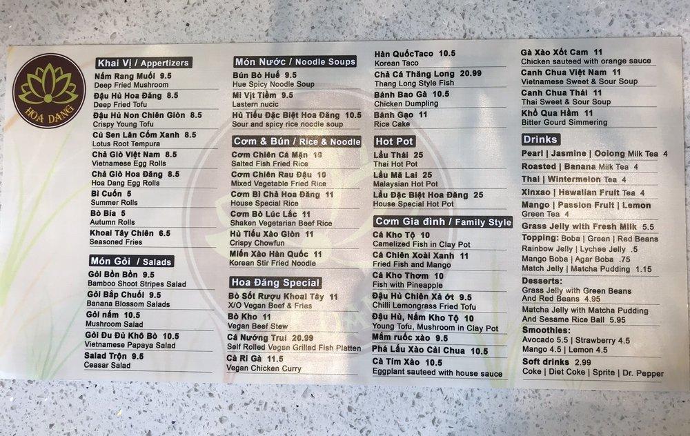 Menu at New Hoa Dang Vegetarian Restaurant, San Jose