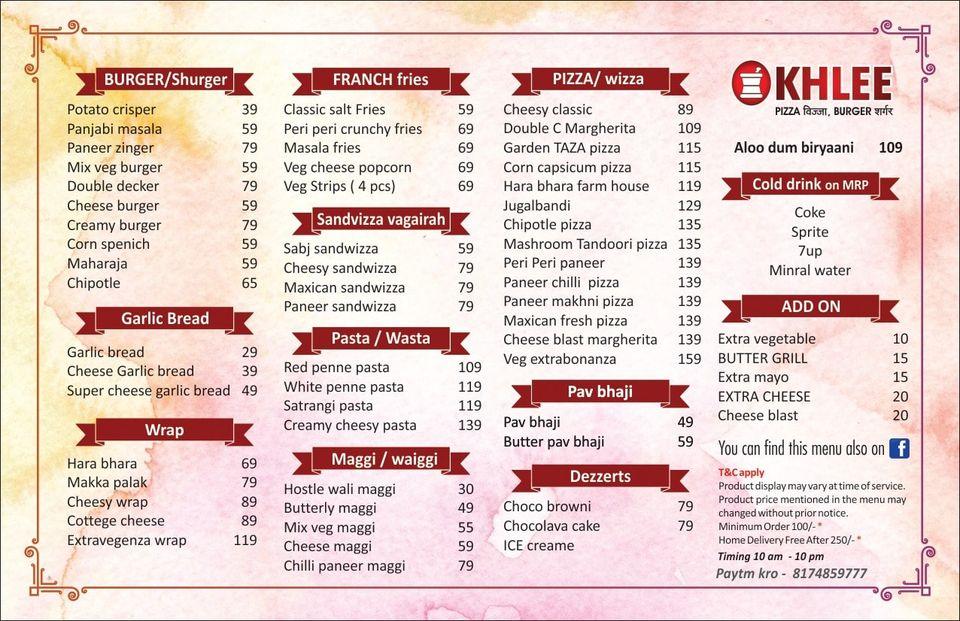 Menu at Okhlee cafe, India