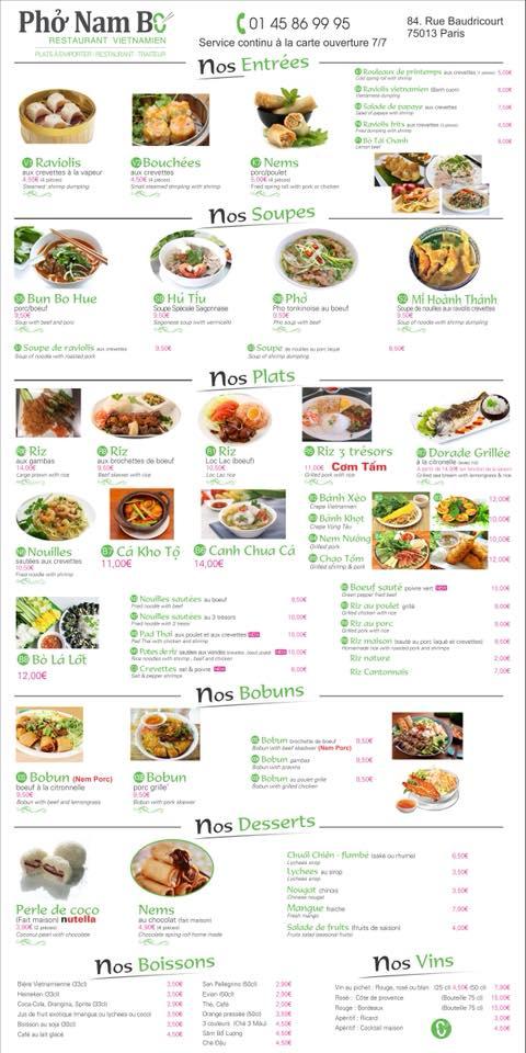 Menu at Pho Nam Bo restaurant, Paris