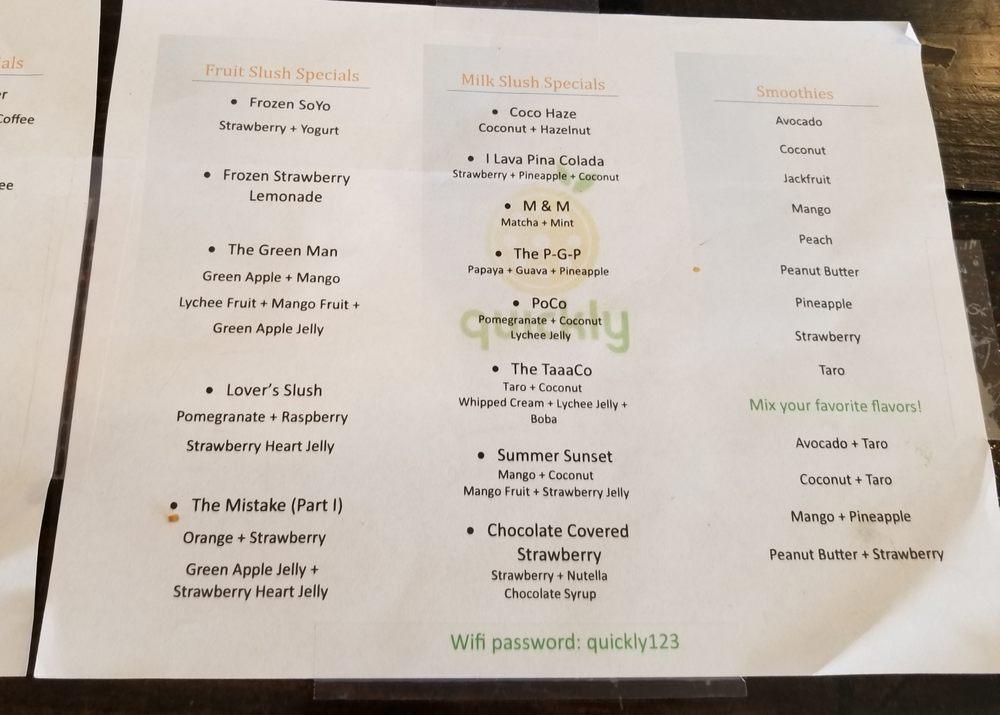 Menu at Quickly Boba Cafe. USF, Temple Terrace