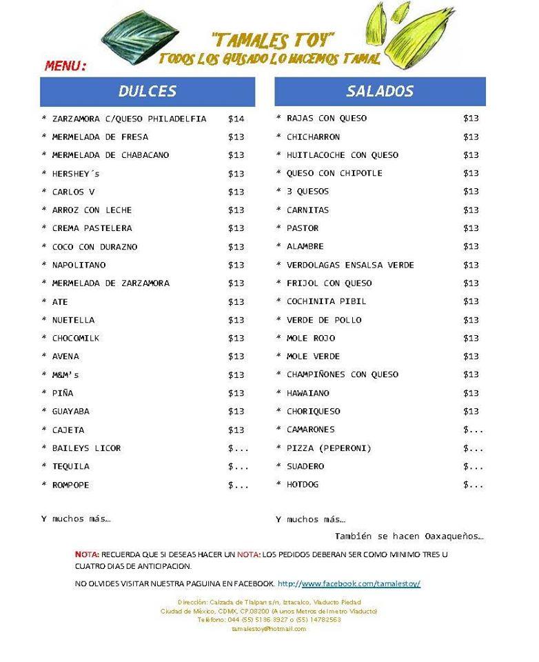 Menu at Tamales restaurant, Mexico City, Calzada de Tlalpan S/N esquina ...