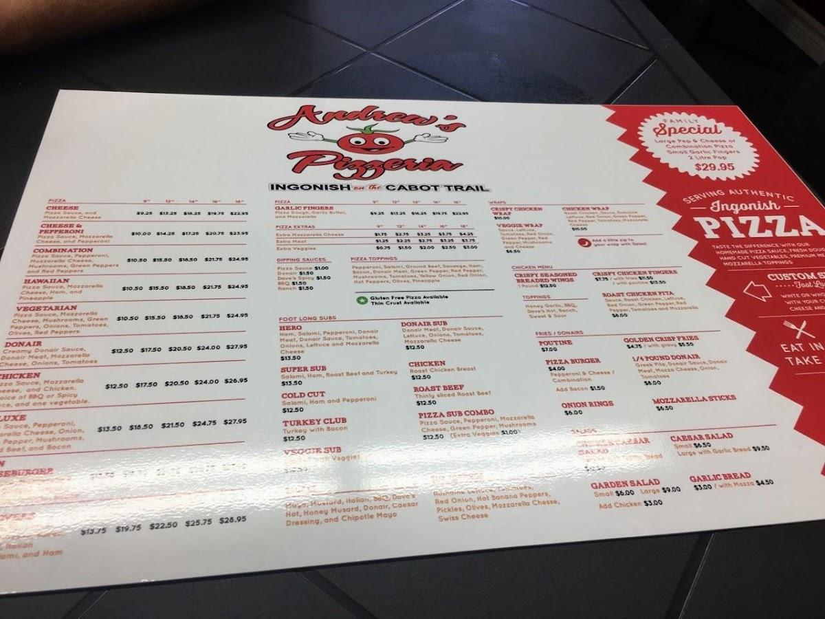 Menu at Andrew's Pizzeria, Ingonish Beach