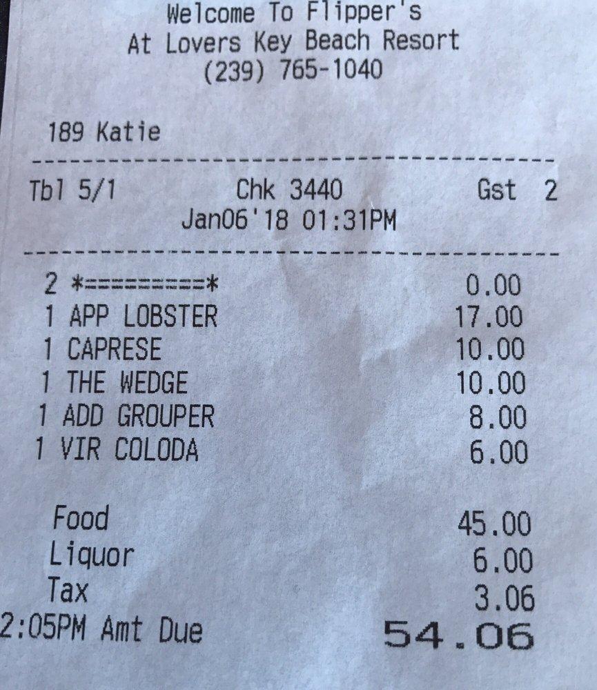 Menu at Flippers restaurant, Fort Myers Beach