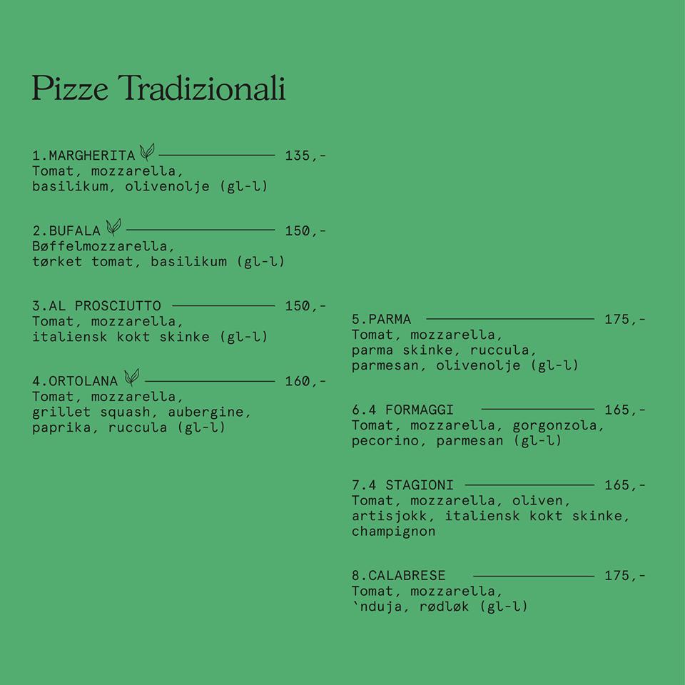 Menu at Grano Trondheim pizzeria, Trondheim