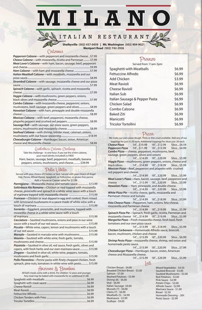 Menu at Milano Italian Restaurant, Louisville