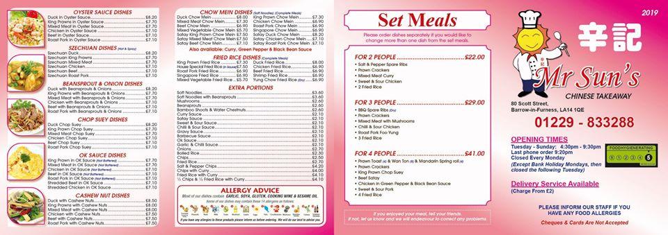 Menu at Mr Sun's Chinese Takeaway restaurant, Barrow-in-Furness