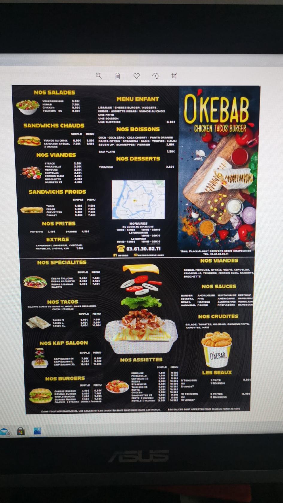 Menu au O'Kebab restaurant, Gravelines
