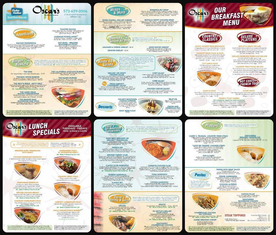 Menu at Oscar's Classic Diner steakhouse, Jefferson City