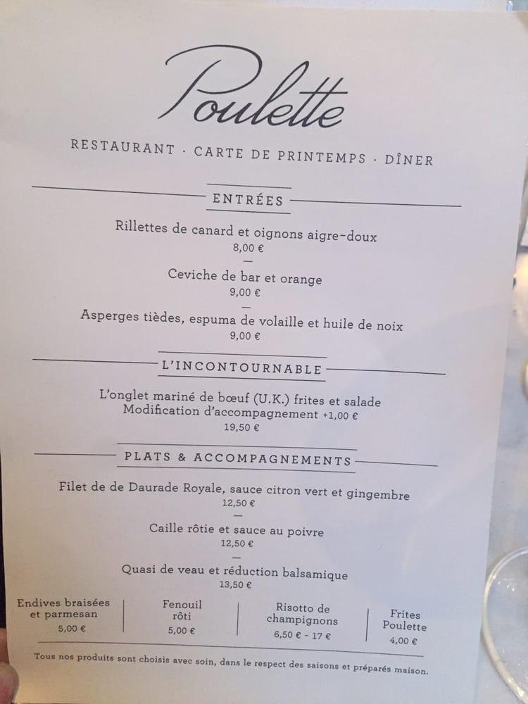 Menu at Poulette restaurant, Paris, 3 Rue Étienne Marcel