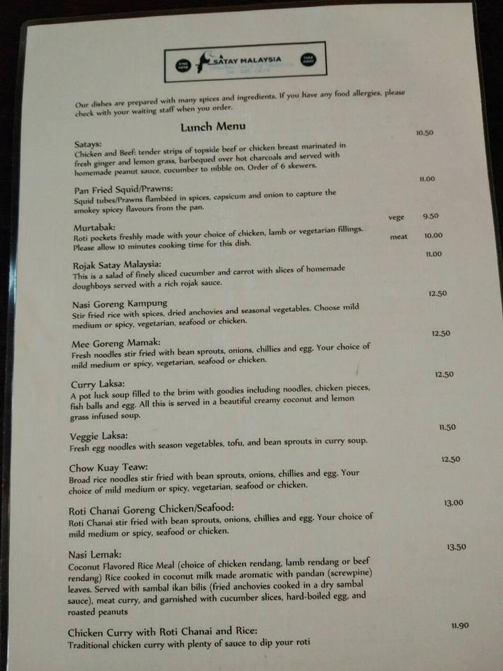 Menu at Satay Malaysia restaurant, Wellington, 255 Cuba St