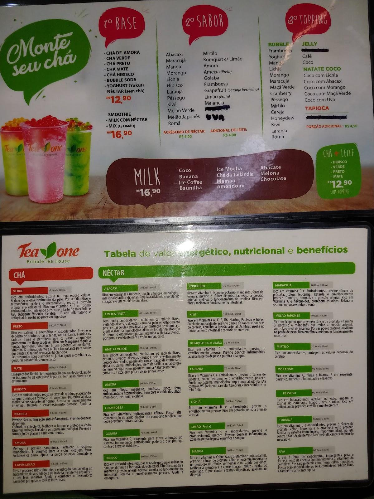 Menu at Tea one cafe, João Pessoa